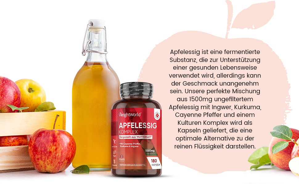 Apfelessig Kapseln - 1860mg Apfelessig Komplex mit Essigmutter & Probiotikum mit Lactobacillus ...