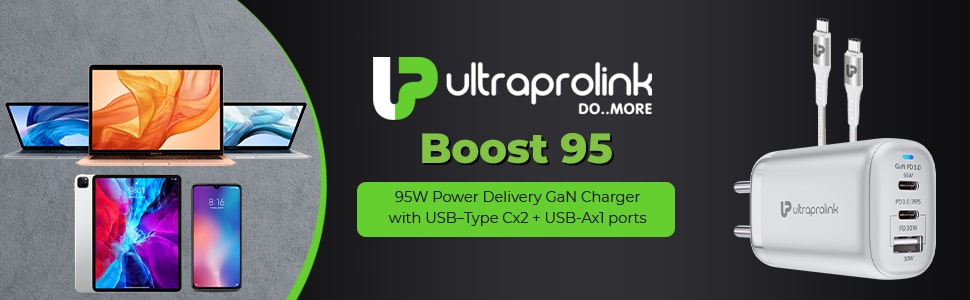 Ultraprolink 95W PD GaN Charger | Compact 95W Fast Charger | Multi-Protocol | 2 x USB–Type C + 1 ...