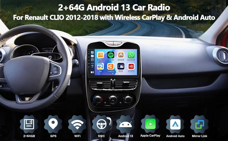 OiLiehu 2+64G Android 13 Car Stereo for Renault CLIO 4 2012-2018 with Wireless CarPlay Android ...