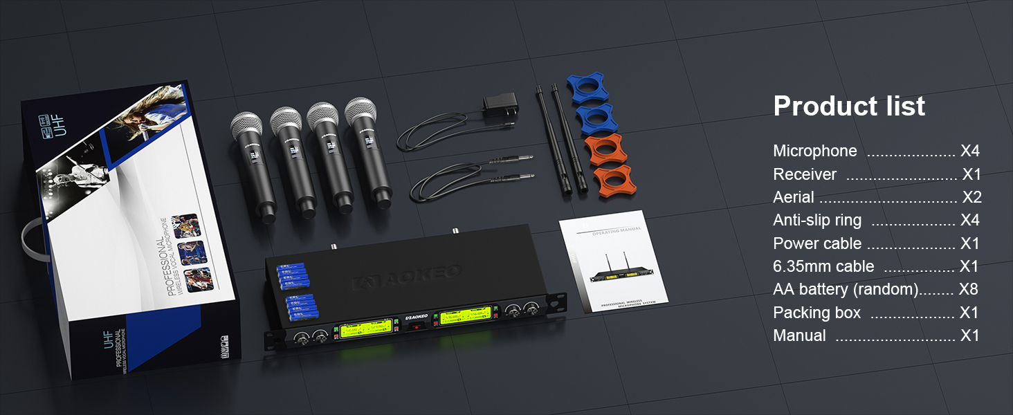 Aokeo Wireless Microphones System, 4 Channel UHF Wireless Mics,with 4 Handheld Dynamic ...