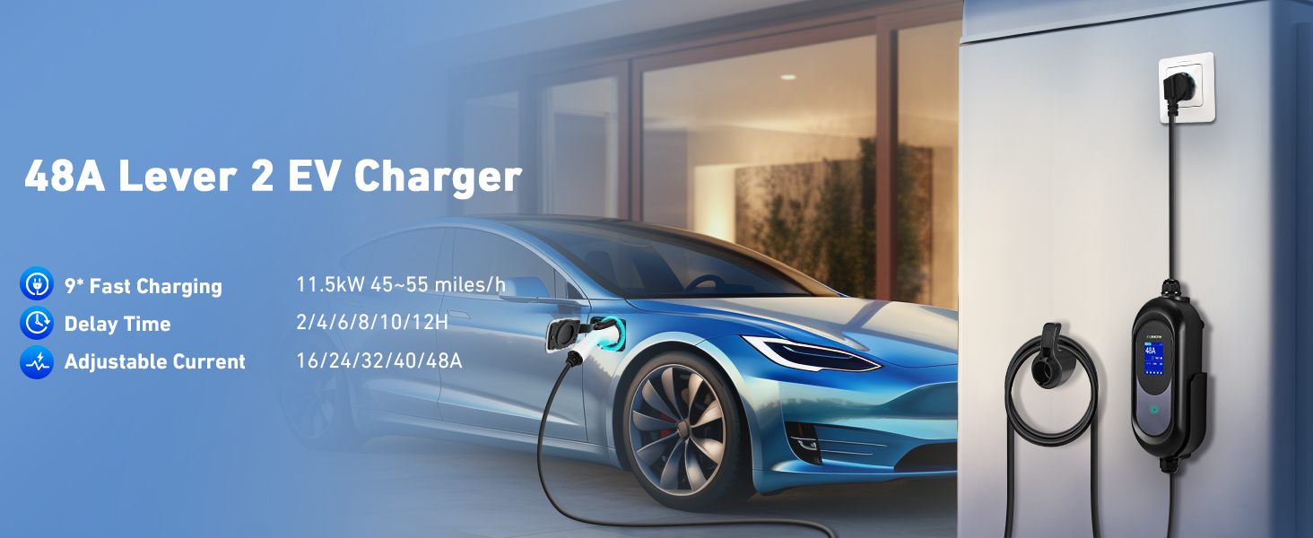 Amazon.com: Level 2 EV Charger 48Amp 11.5kW 240V EV Charger Level 2 with Smart LED Screen, 16/24 ...