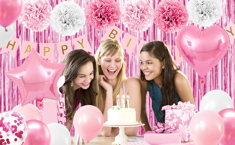 Amazon.com: Iysoll Pink Birthday Party Decorations for Girls Women Happy Birthday Banner Light ...