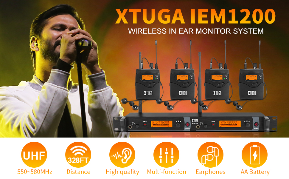 XTUGA IEM1200 Wireless in Ear Monitor System, Dual Channel In Ear Monitor with 4 Bodypacks, UHF ...