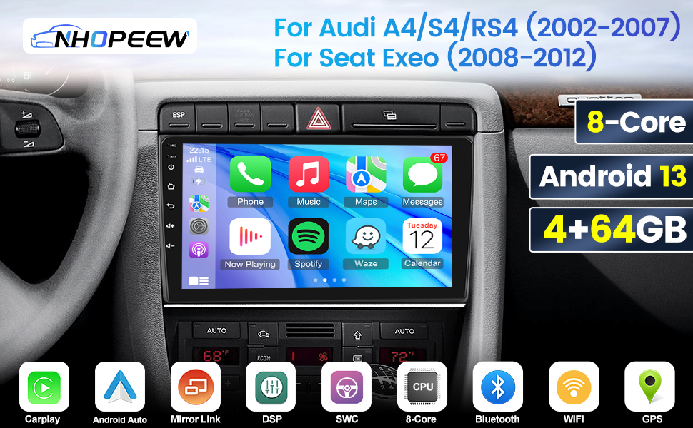 Amazon.com: [8 Core 4+64G] Car Radio for Audi A4/S4/RS4 2002-2007 and Seat Exeo 2008-2012 ...