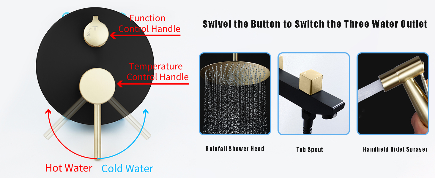 WRKMH Shower Faucet Set Black and Brushed Gold Rainfall Shower System Wall Mounted Shower ...