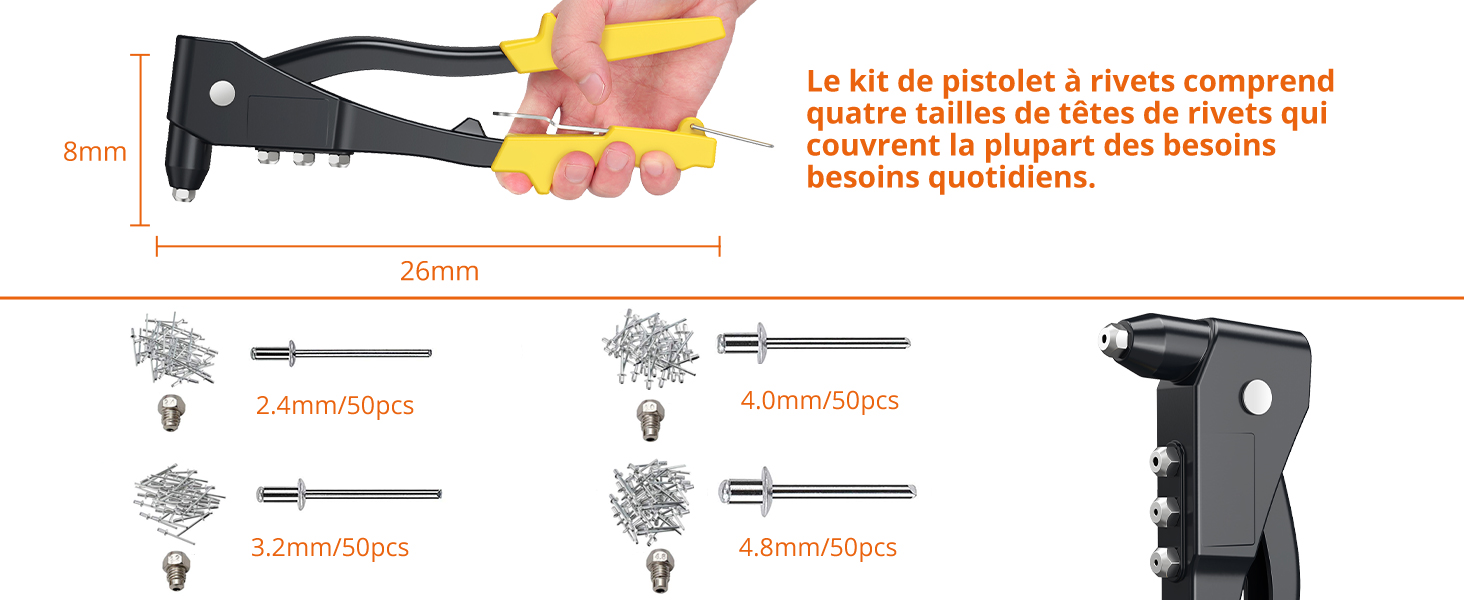 Proster Kit de pistolet à riveter avec 200 rivets et 4 tailles de rivets de 2,4 mm, 3,2 mm, 4 mm ...