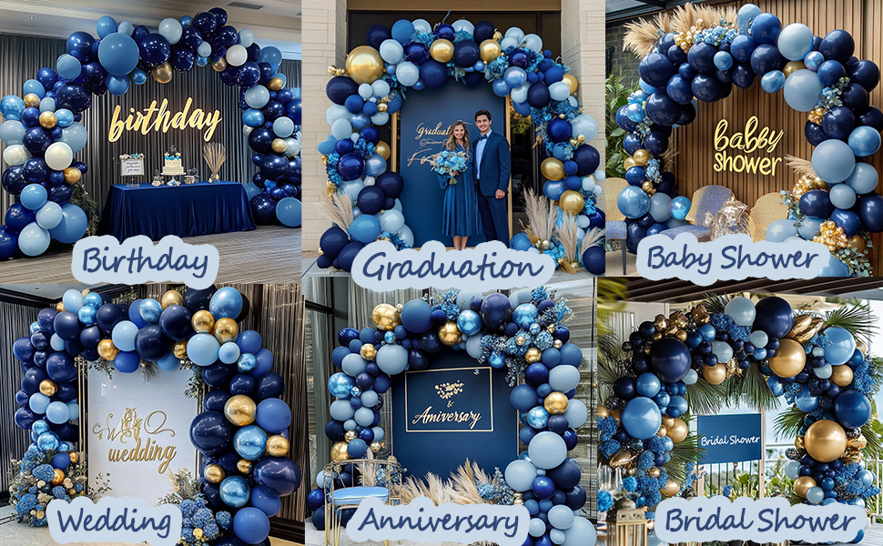 Amazon.com: Navy Blue Balloon Arch Kit - Double Stuffed Royal Dusty Blue Gold Balloon Garland ...