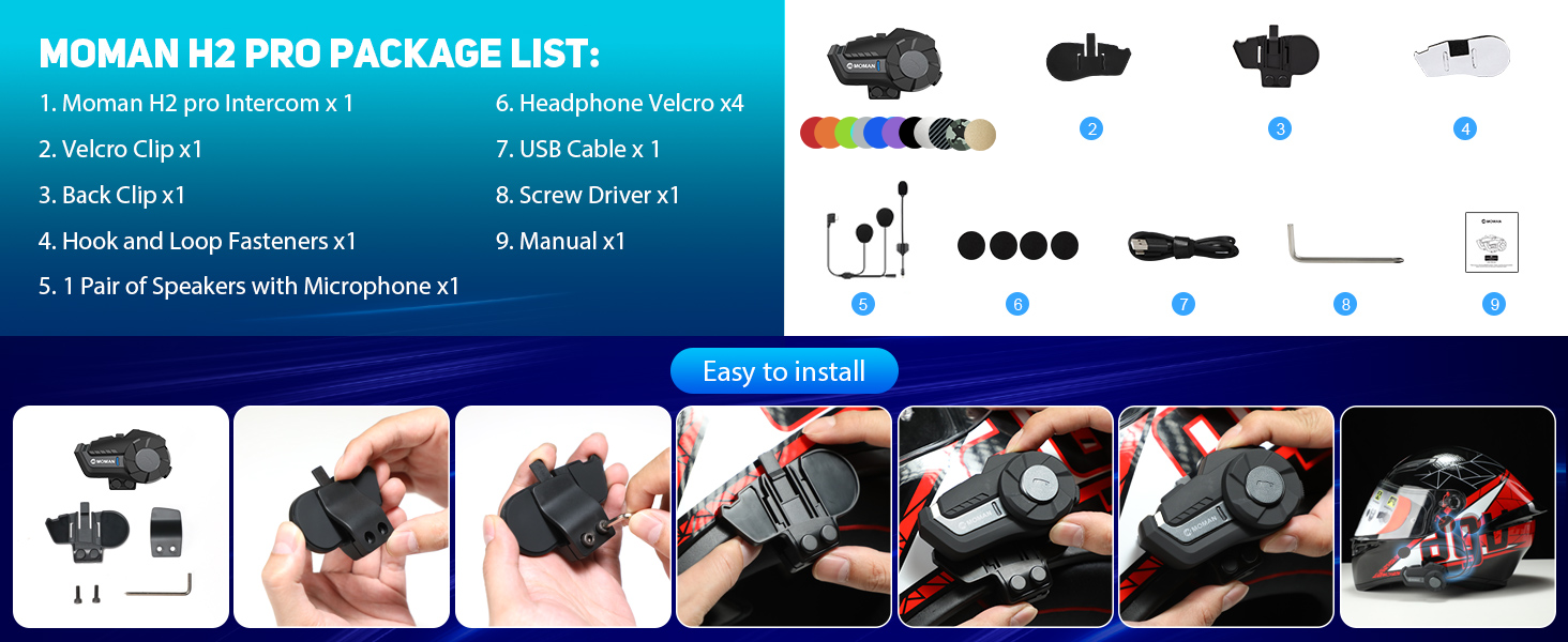 Moman Motorcycle Intercom, H2 Pro【1 Pack Black】 Helmet Wireless 5.1 Communication System with ...