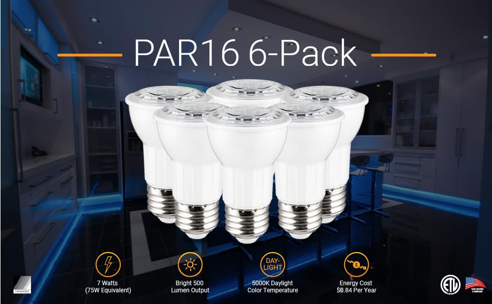 Sunlite 41568 LED PAR16 Long Neck Recessed Spotlight Bulb, 7 Watt, (75W Halogen Replacement ...