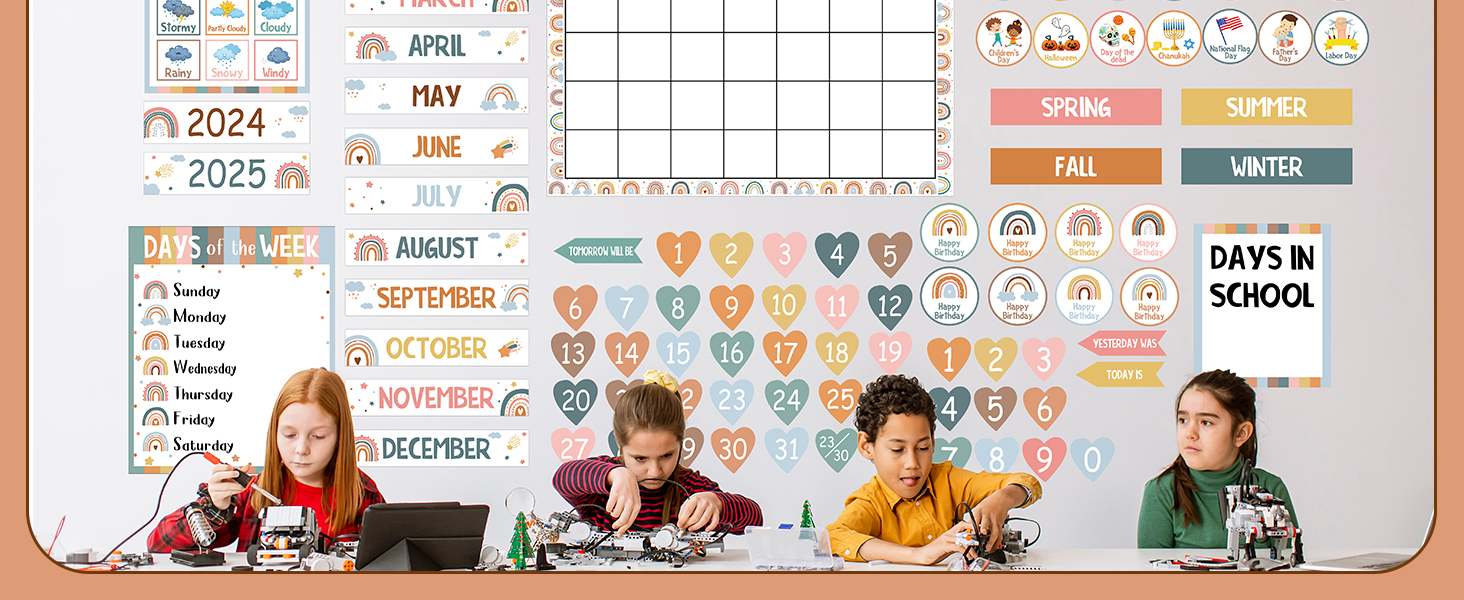 Amazon.com : Qyeahkj Boho Rainbow Classroom Calendar Set Bulletin Board ...