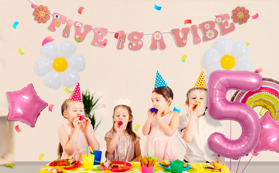 Amazon.com: Five Is A Vibe Banner with Rainbow Daisy Balloons, Groovy 5th Birthday Party ...
