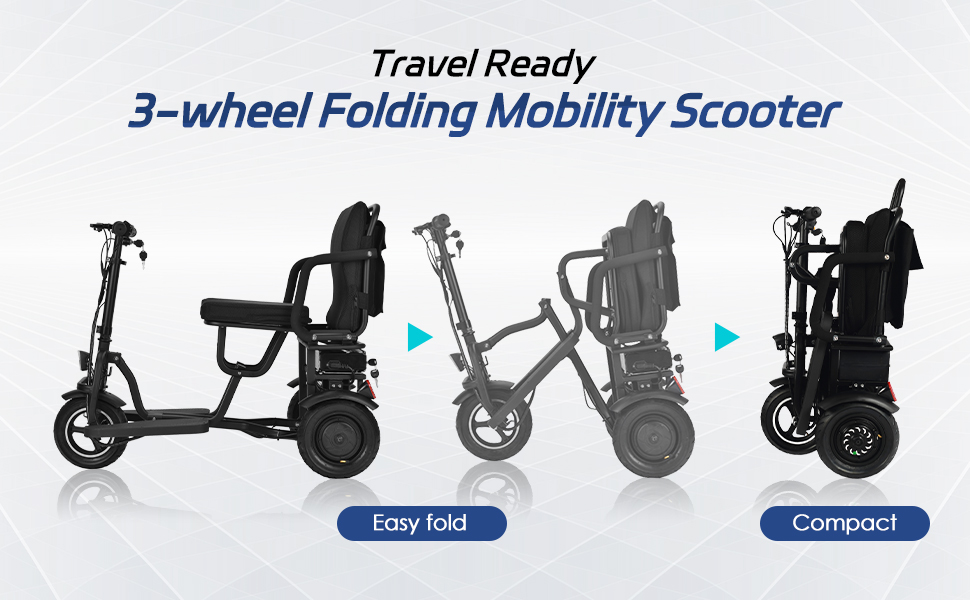 Mobility Folding Electric Scooter 3 Wheel 2 Motors, 48V, 15Ah, Lightweight Portable Power Travel ...