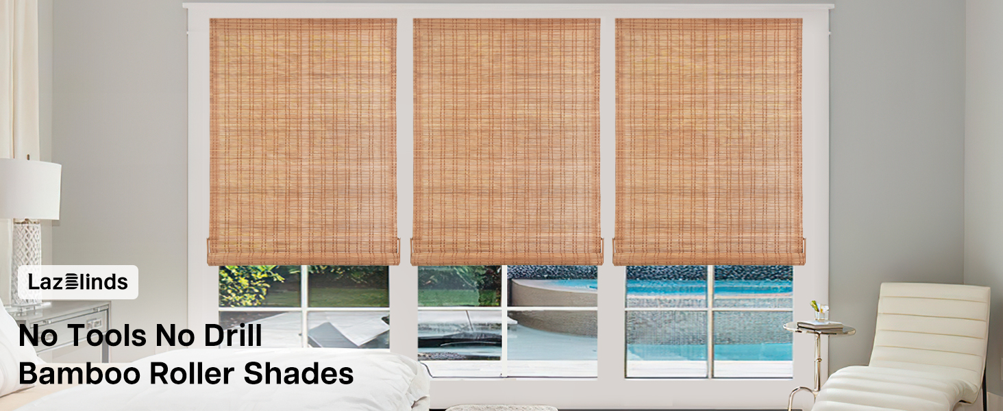 Amazon.com: LazBlinds No Tools No Drill Bamboo Roller Shades, Cordless ...