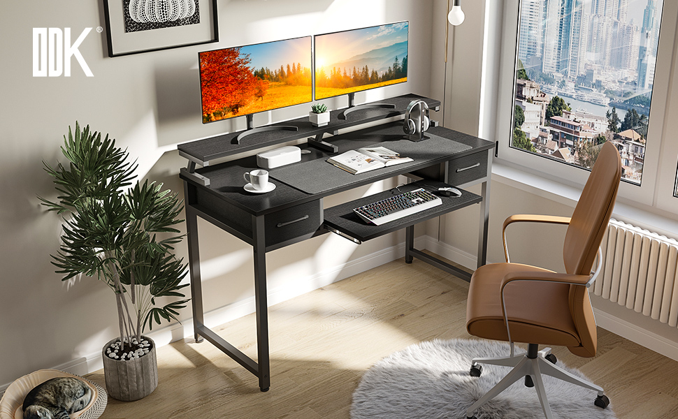 ODK Computertisch mit Tastaturablage, Schreibtisch mit 2 Schubladen, Bürotisch PC-Tisch mit ...