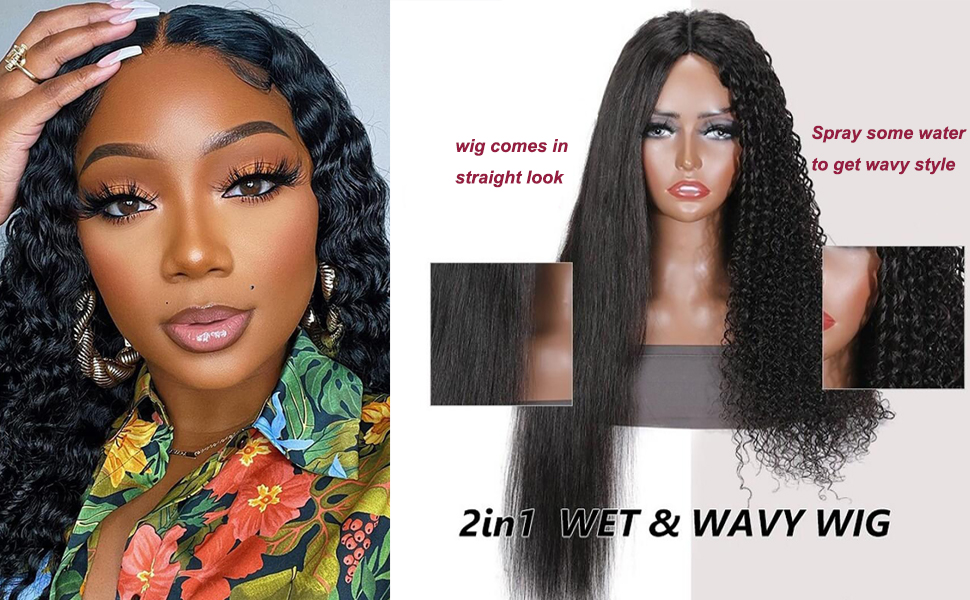 Amazon.com : UNICE 2 in 1 Straight to Curly V Part Wig Human Hair No Leave Out Magic Dry ...