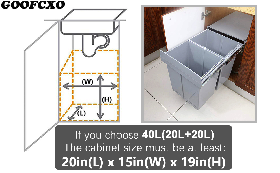 GOOFCXO 40L Dual Slide Out Garbage Can with Lid, 20L+20L Double Pull Out Kitchen Garbage Bin ...
