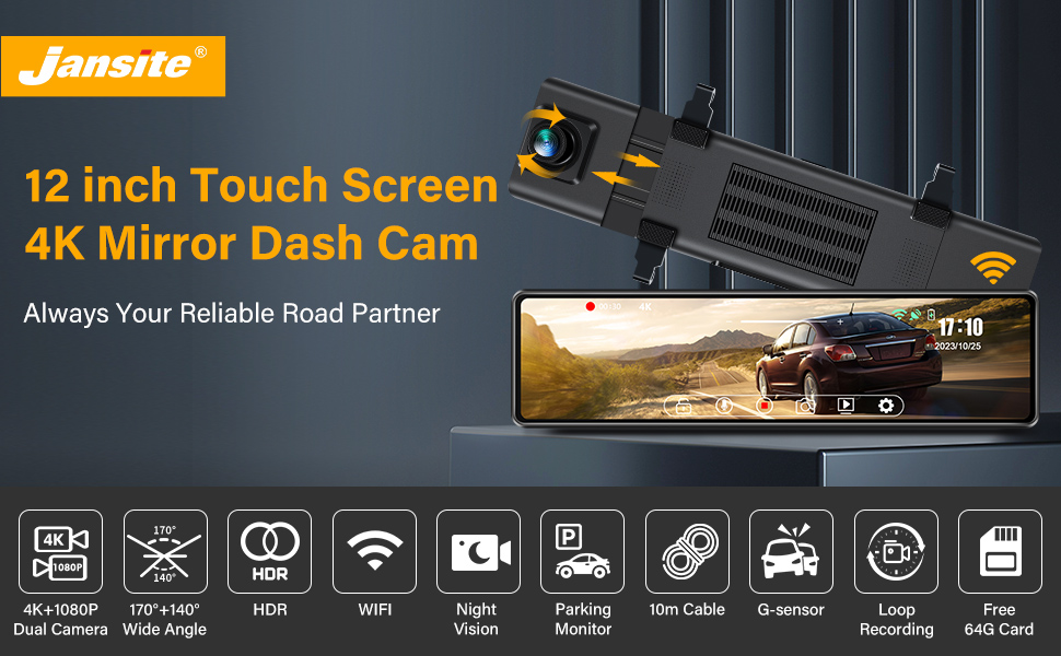 Jansite WiFi 4K Mirror Dash Cam with 12" IPS Full Touch Screen and 64G SD Card - IP69 Waterproof ...