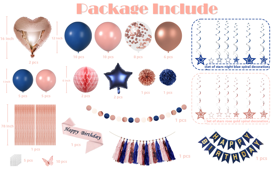 Amazon.com: Navy Blue Rose Gold Balloons Set for Women Birthday Decorations of Balloons Kits ...