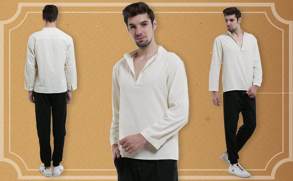 Amazon.com: Cosplay.fm Men's Renaissance Medieval Henley Shirt V Neck Long Sleeve Pirate Top (US ...