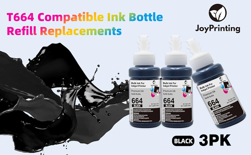 JoyPrinting Compatible Refill Ink Bottle Replacement 664 T664 Ink Multipack (3-Pack T6641) for ...