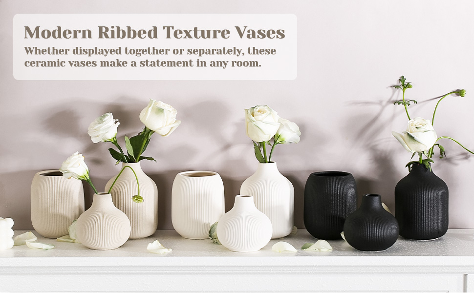 Amazon.com: Dnnnii Modern Beige Ceramic Vase Set of 3, Ribbed Texture Boho Minimalist Home Decor ...