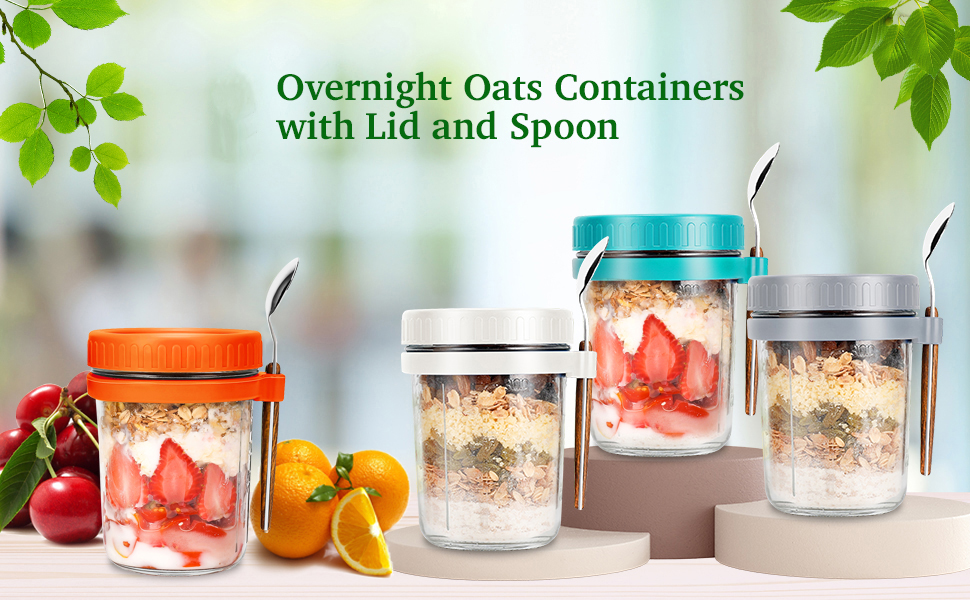 HEFBCOMK 2 Pack Overnight Oats Containers with Lids and Spoons, 14 oz Glass Mason Overnight Oats ...