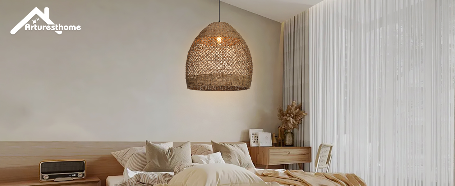 Arturesthome 19.6" Retro Rattan Woven Pendant Light Fixture, Chandelier ...