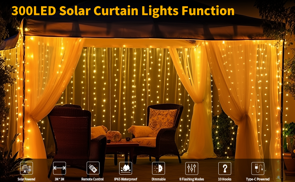 300LED Solar Curtain Lights Waterproof, 10Ft x 10Ft Twinkle Curtain ...