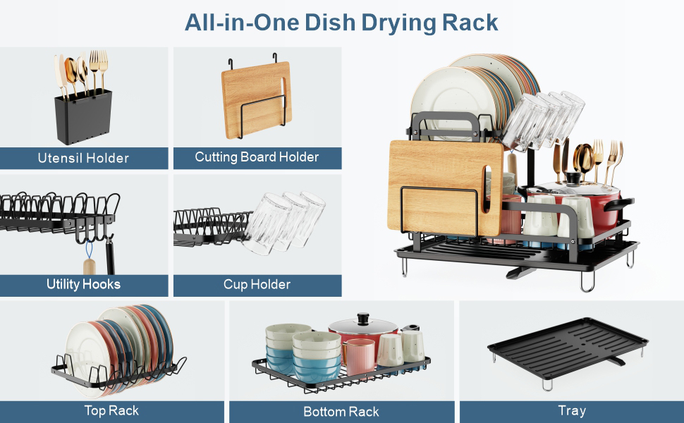 GSlife Dish Drying Rack with Drainboard - 2 Tier Dish Racks for Kitchen Counter with Cup Holder ...