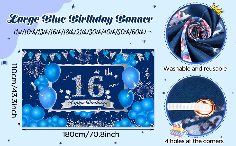 Blue 18th Birthday Decorations Banner for Boys Girls, Navy Blue Silver Happy 18th Birthday ...