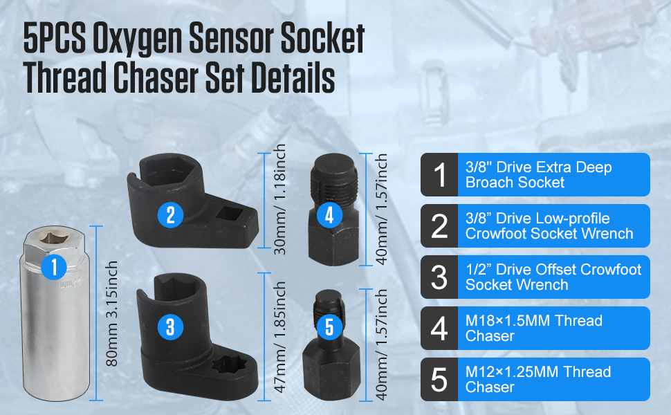 5pcs Oxygen Sensor Socket Set Motocoche O2 Oxygen Sensor Wrench Remover Tool And Thread Chaser
