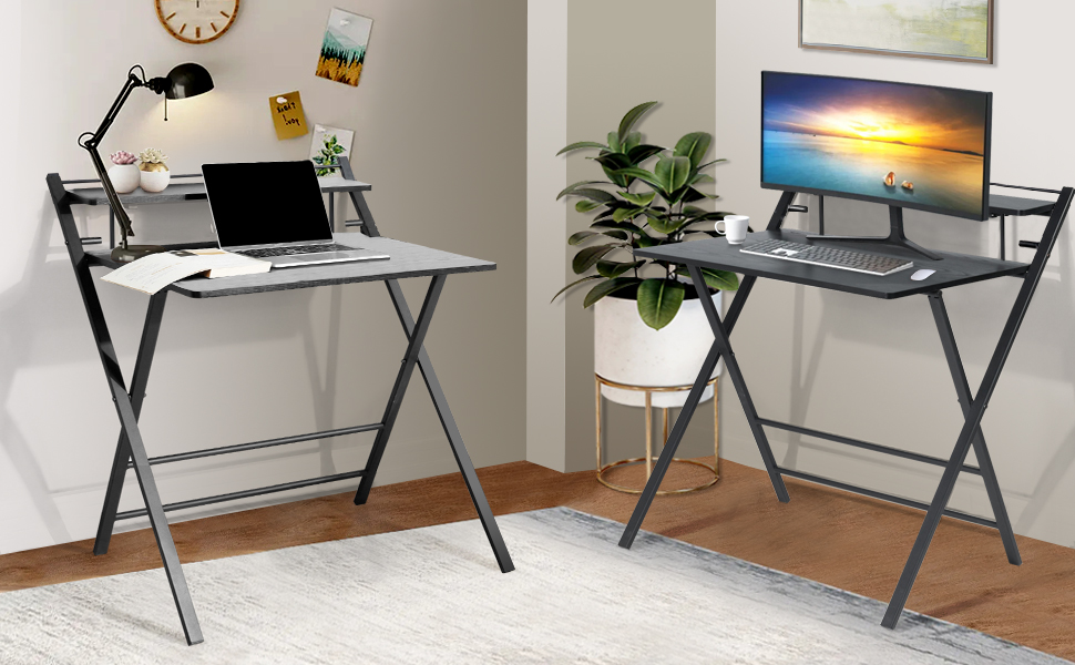 Amazon.com: Folding Desk 2-Tier Foldable Table Space Saving Computer ...
