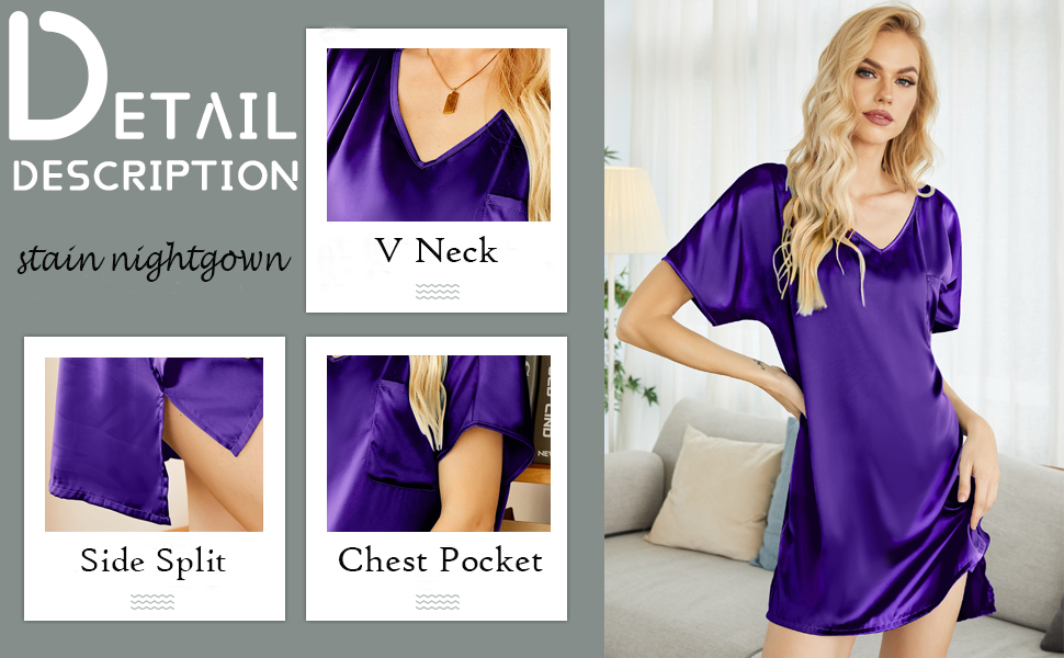 Ekouaer Women's Satin Nightgowns V Neck Side Split Sleepshirt Short Sleeves Sleepwear Chest ...