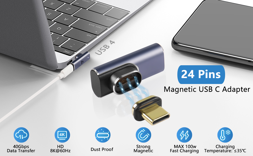 GELRHONR Magnetic USB C Adapter, USB4.0 90 Degree USB C Magnetic Adapter 24 Pin PD 100W 40Gb/s ...