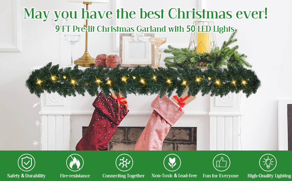 Amazon.com: Rocinha 9 FT Pre-lit Christmas Garland for Decoration, Artificial Pine Greenery ...
