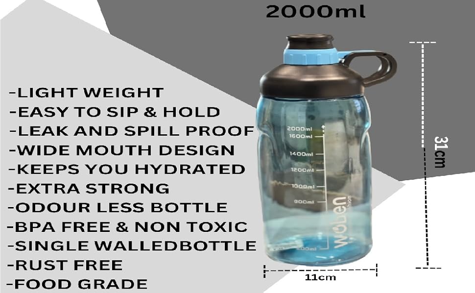 CODEMINT Large Capacity 2 Liter Leak Proof BPA Free Fitness Sports Water Bottle, Reusable ...