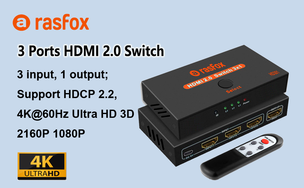 Amazon.com: Rasfox HD301 Powered 3-Port HDMI Switch Switcher Selector Splitter with IR Remote ...