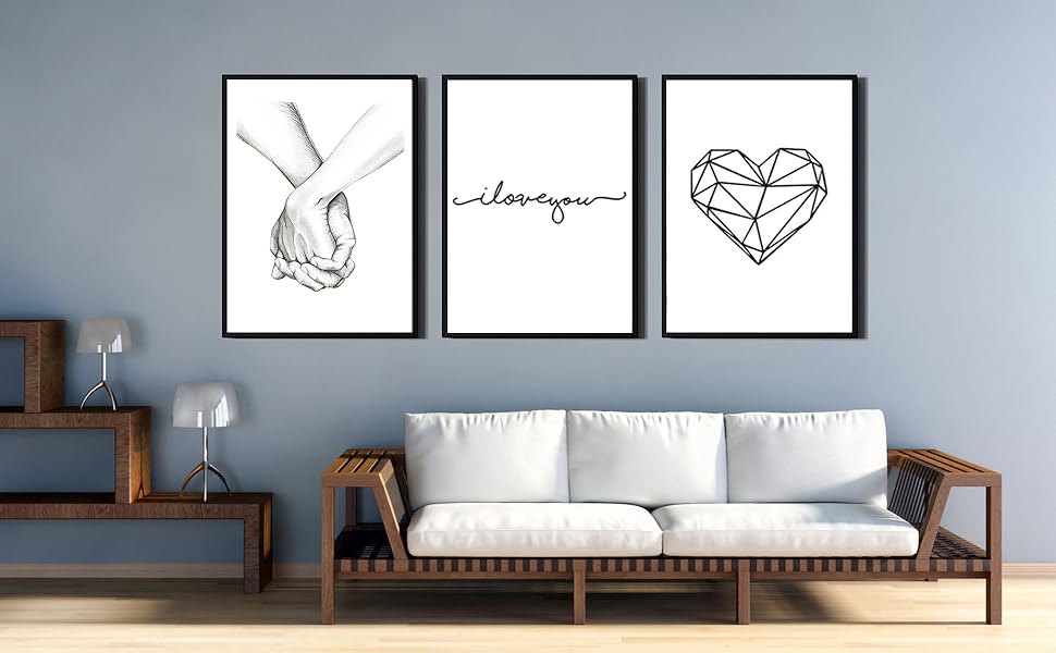 Amazon.de: Trayosin 3-teiliges Premium Poster Set, Hand in Hand, Linie Liebe, Modern Schwarz ...