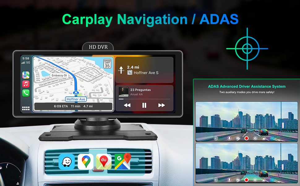Podofo sans Fil Carplay Android Auto Autoradio Portable 10.26'' Écran Tactile ADAS System FM ...