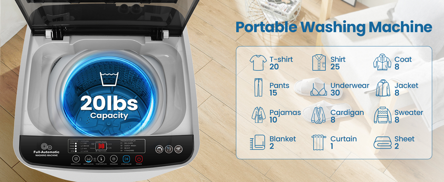 Amazon.com: Nictemaw Portable Washing Machine, 20 lbs Capacity Full Automatic Portable Washer, 2 ...