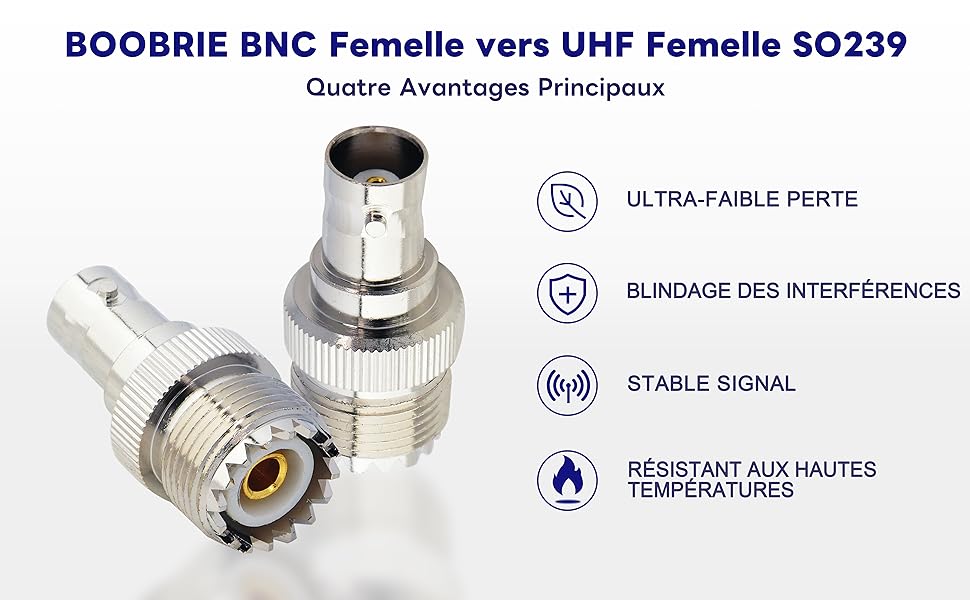 Boobrie 2 X Adaptateur RF BNC UHF Connecteur Coaxial BNC Femlle vers SO239 UHF Femelle ...