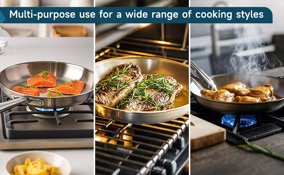 Hapurs 316 Stainless Steel Frying Pan with Lid, 30cm Five-Layer Thickness Stainless Steel ...