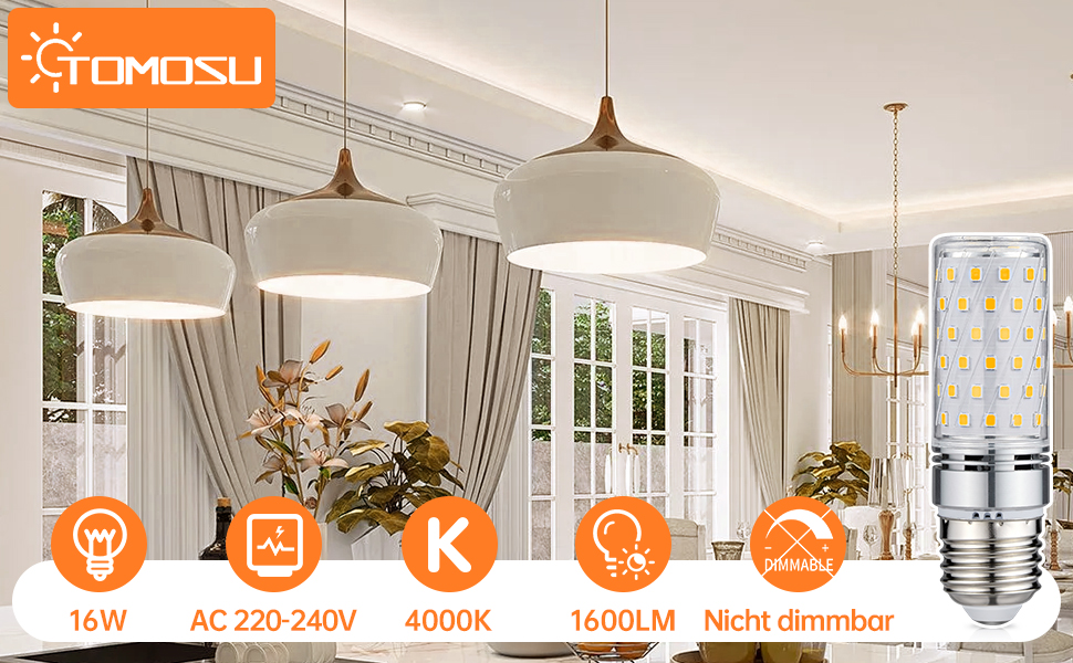 Tomosu E27 LED Neutralweiss 4000K 1600LM, 16W LED Glühbirne E27 ersatz 150W Glühlampe ...
