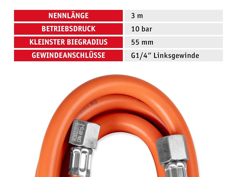 Niederdruckschlauchleitung, Gasschlauch 3 m 1/4" - Flexibler Ersatz- und Verlängerungsschlauch ...