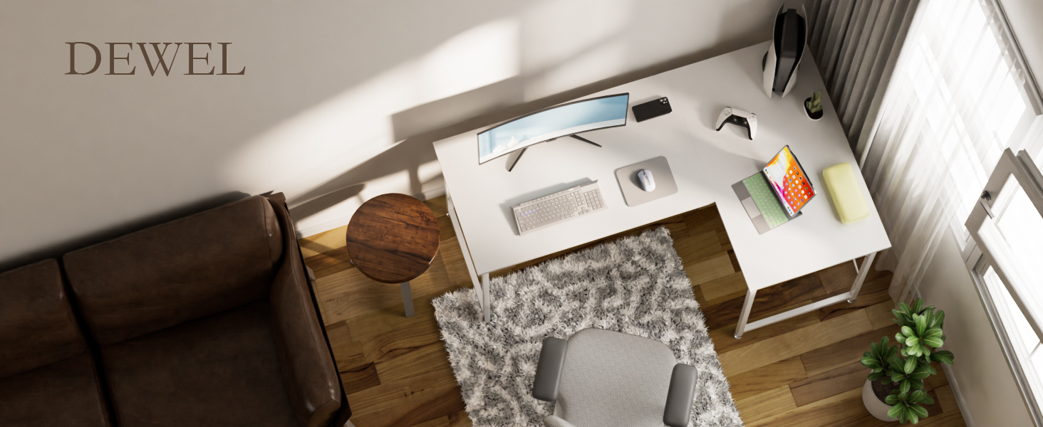 Amazon | DEWEL パソコンデスク L字デスク pcデスク 幅160cm+100cm L字型 ホワイト 木製 25mm×25mmのスチール製フレーム モニターアーム取付対応 デスク ...