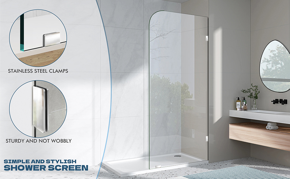 30" W ×78" H Shower Glass Panel, Frameless Fixed Glass Shower Panel with Clamps, 3/8"(10mm ...