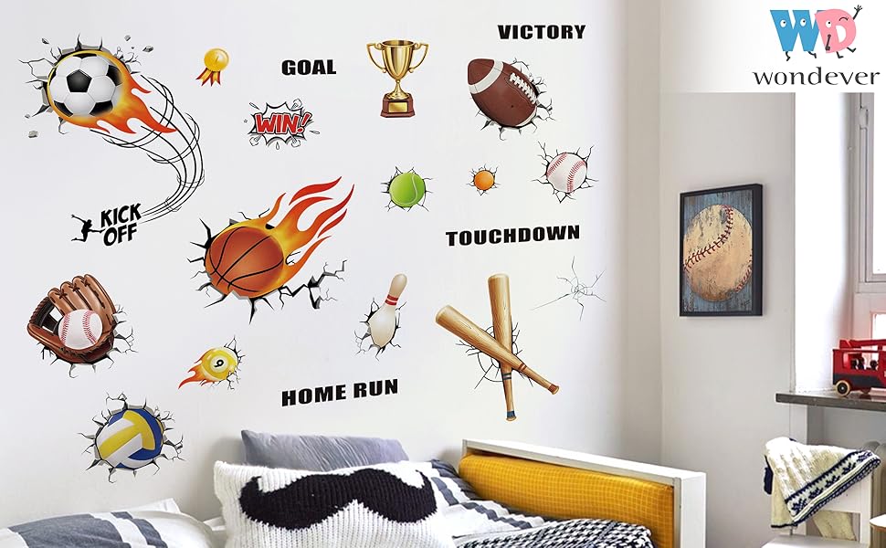 wondever Balls Sports Wall Decals for Boys Room 3D Break Through the Wall Basketball Football ...