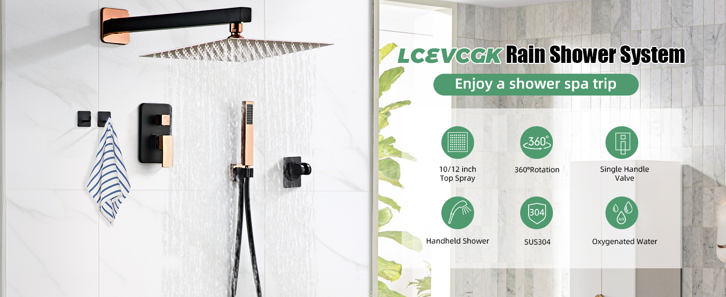 LCEVCGK Shower Faucet Set, Matte Black and Rose Gold Rainfall Shower System Complete Wall ...