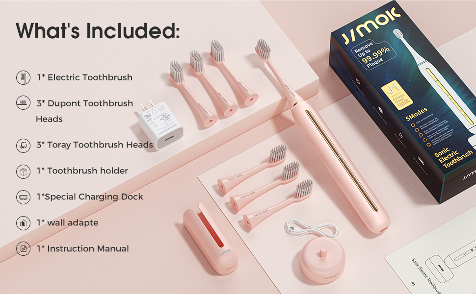 Amazon.com: JIMOK Sonic Electric Toothbrush for Adults, Pink, 3Dupont & 3Toray Brush Heads, 1 ...