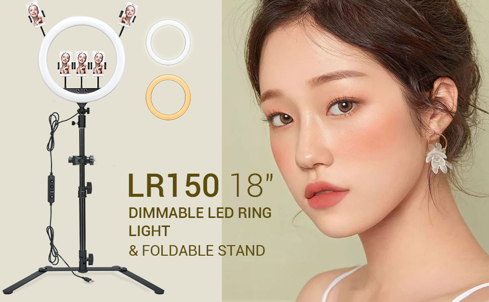 Godox LR150 18" LED Ring Light with Tripod Stand and Phone Holder,Built-in Dimmable Bi-Color ...